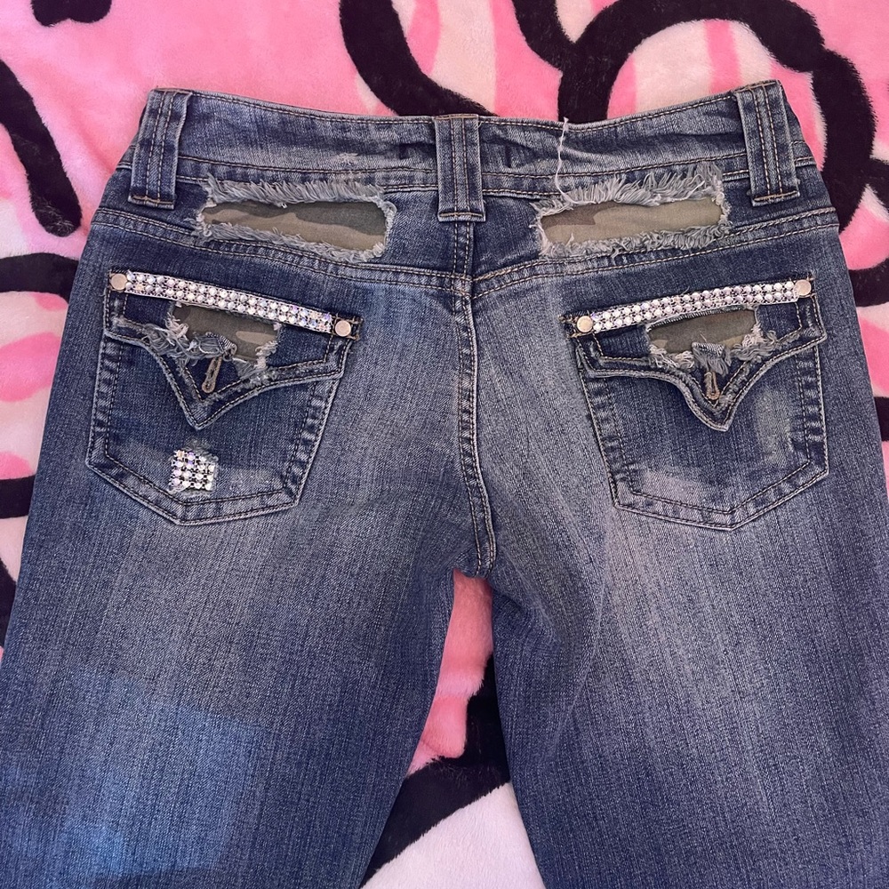 Y2k Rhinestone Camo Flare Jeans - Gem
